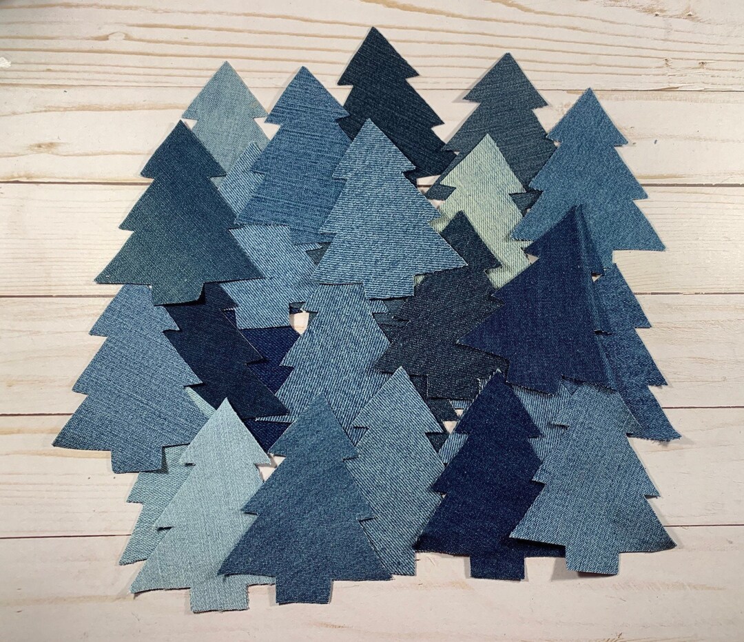 20 - Denim Trees Blue Jean Quilt Stars Quilting Hand Cut Patchwork ...