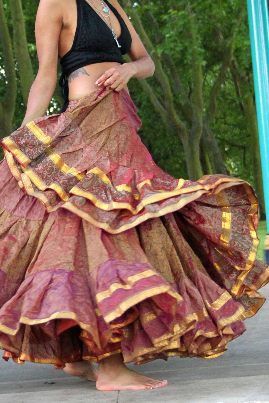 HIPPY GYPSY SKIRT, Upcycled Vintage Sari Skirt, Boho Hippie Festival Skirt, Tribal Fusion Belly ...