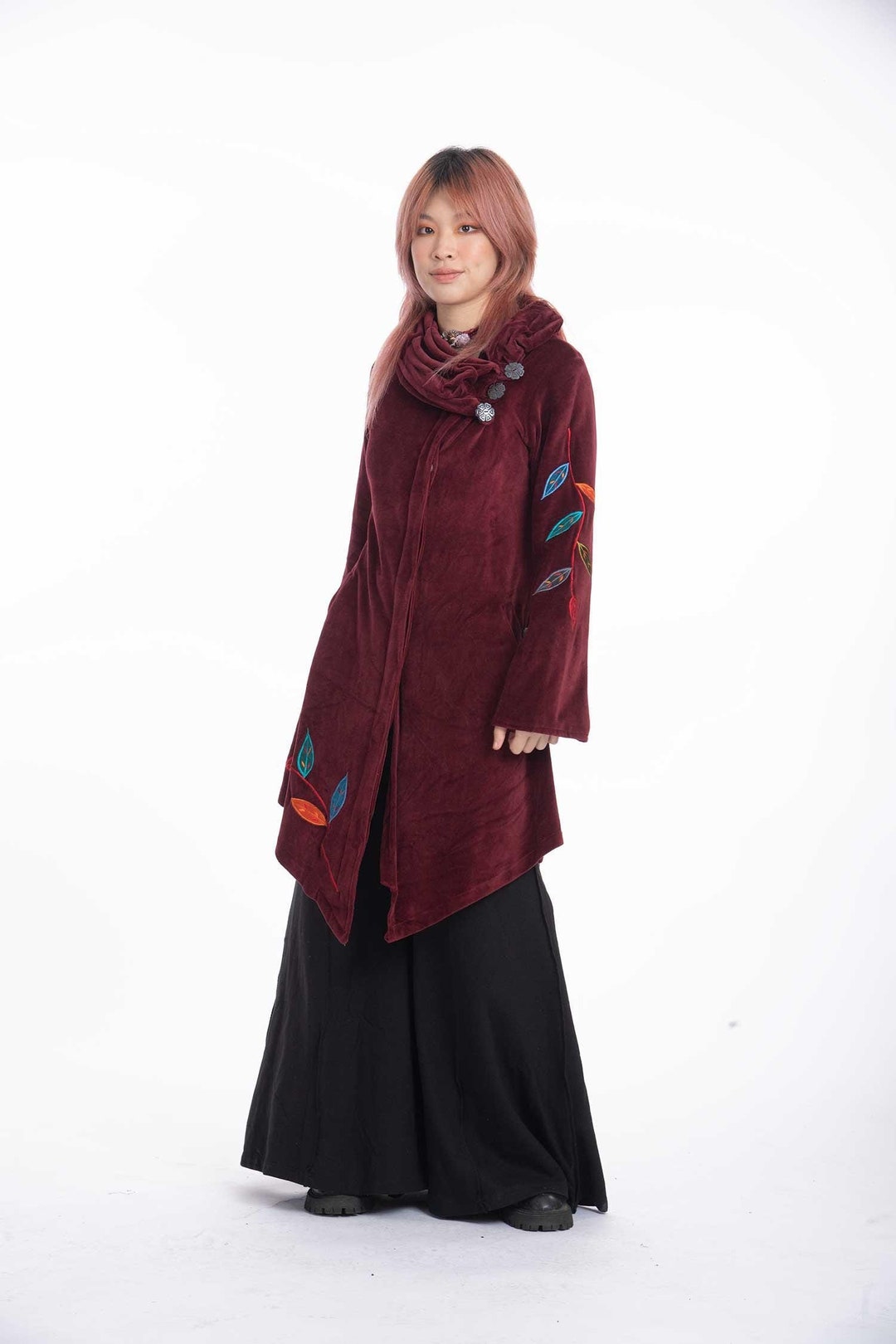 Red Velvet Boho Leaf Coat, Autumn Faerie Coat, Smart Bohemian Jacket ...