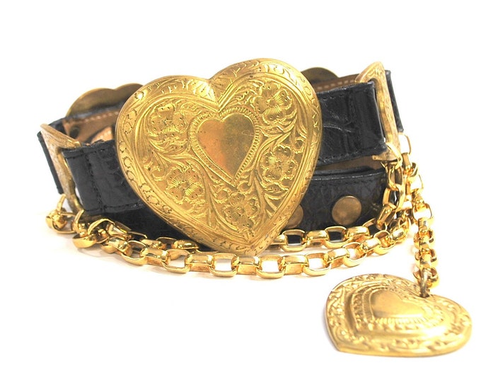 Vintage Black Leather Gold Heart Metal Buckle With Chains and Dangling ...