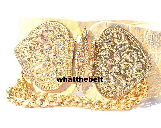 Vintage Belt Wide Gold Leather Gold Metal Front Buckle - Etsy