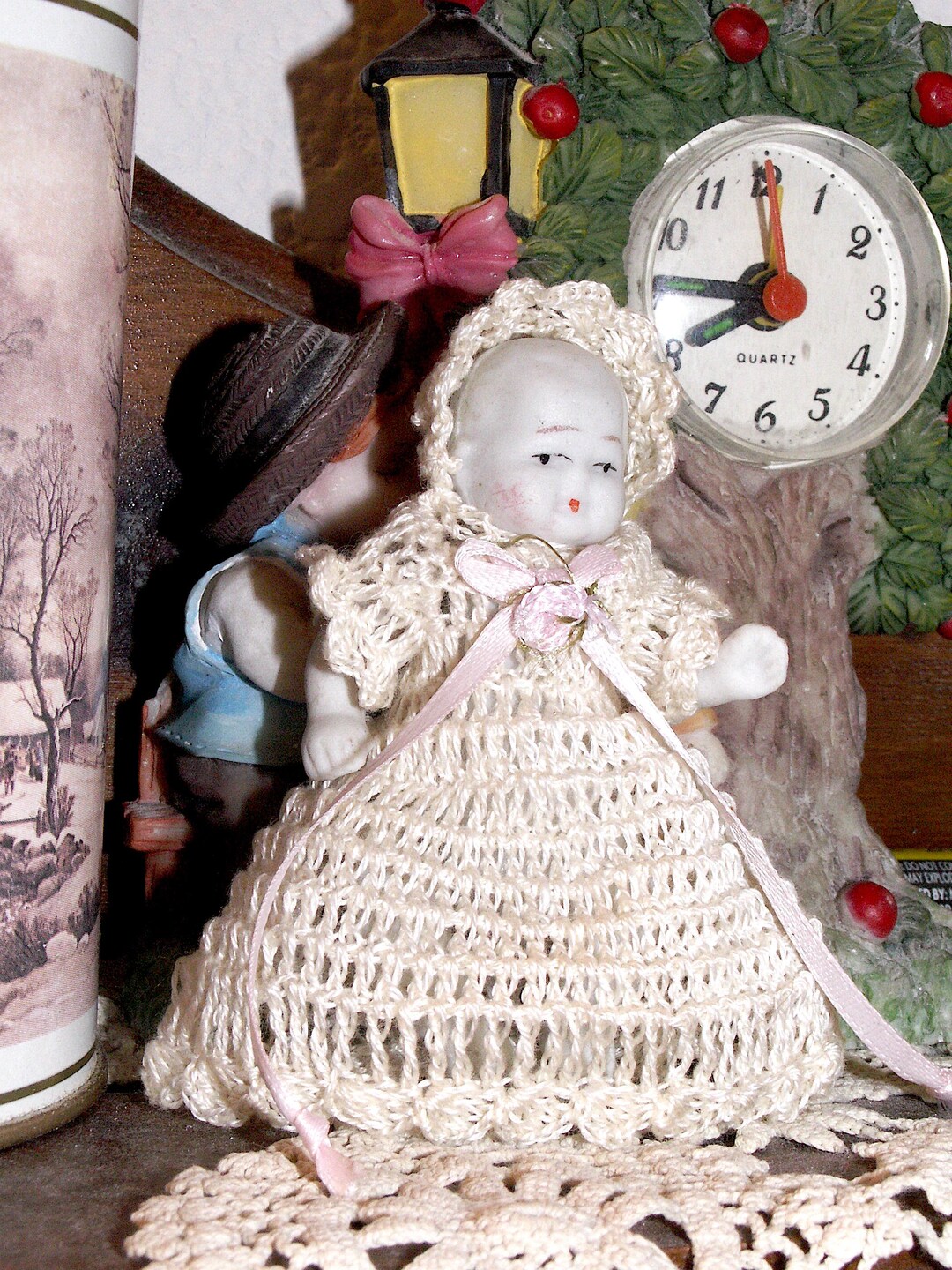 Antique Doll Dress & Bonnet for 2 to 3" Miniature Picolette Cabinet ...
