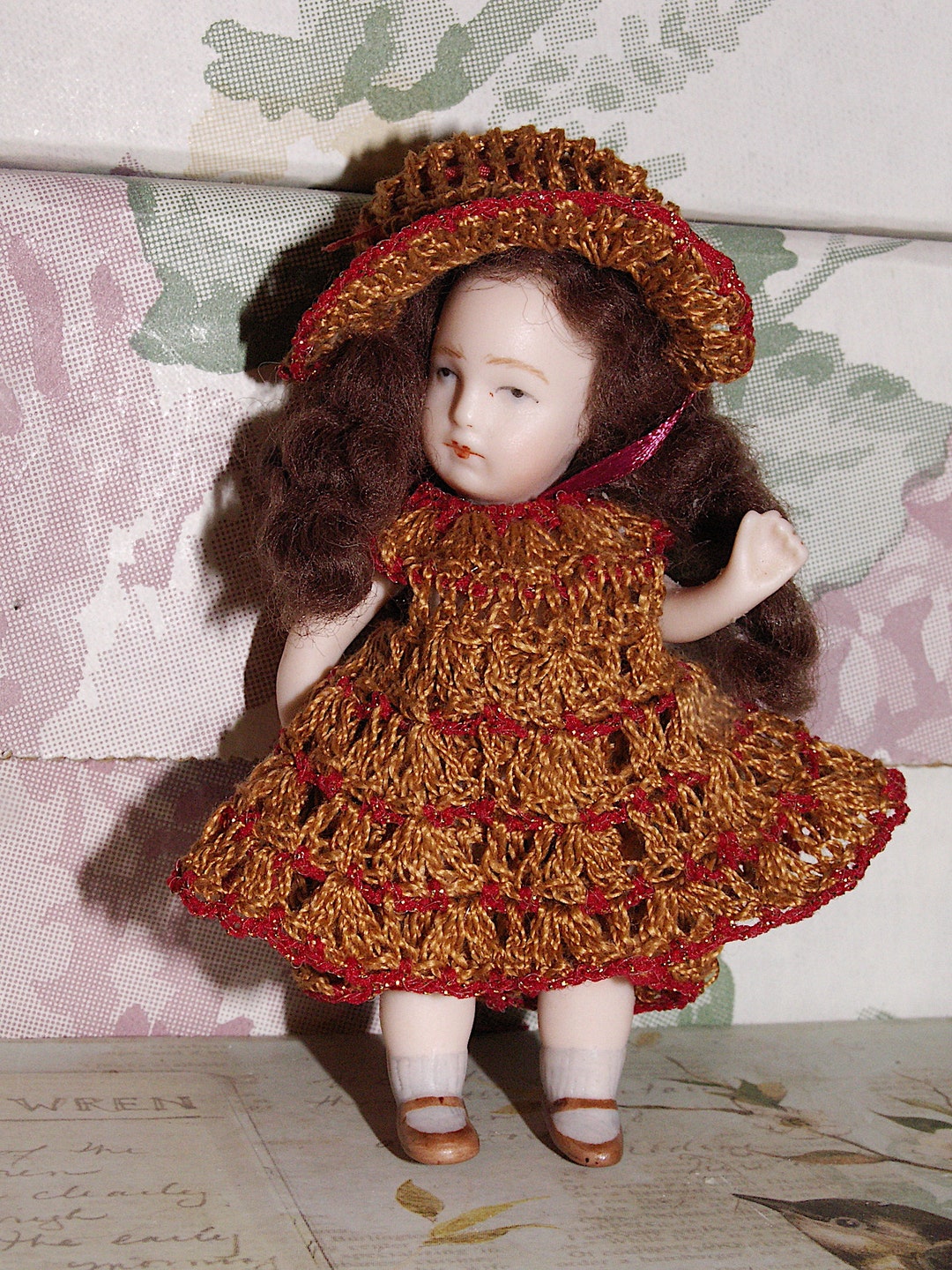 Antique Doll Dress, Pants & Bonnet for 3" Antique Miniature Picolette ...