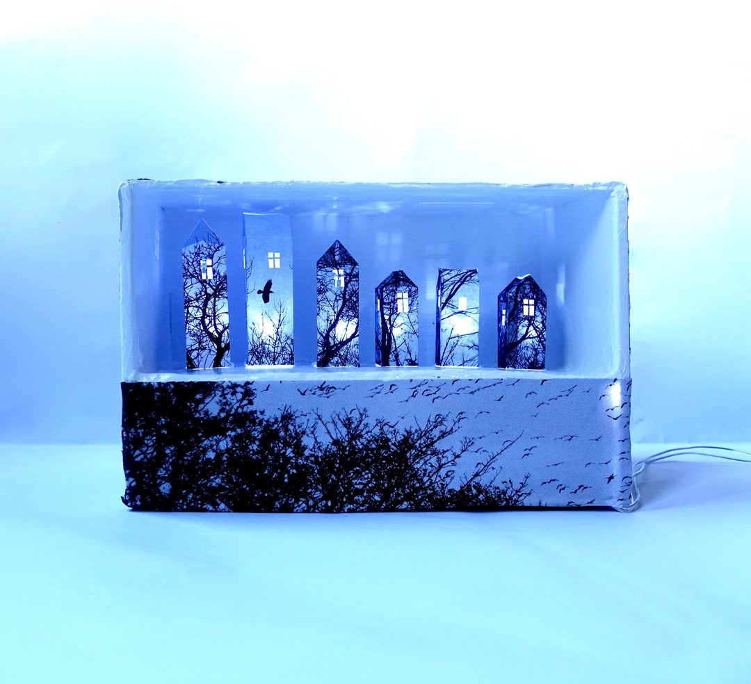 Tiny Forest Houses Street Sculpture Art Shadow Light Box Tree Branches ...