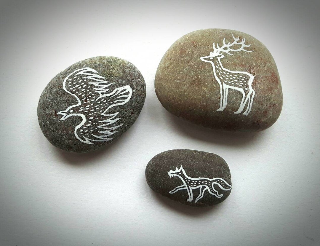 Hand Painted Stones - White Fox, Stag and Raven Set of 3 - MADE TO ...