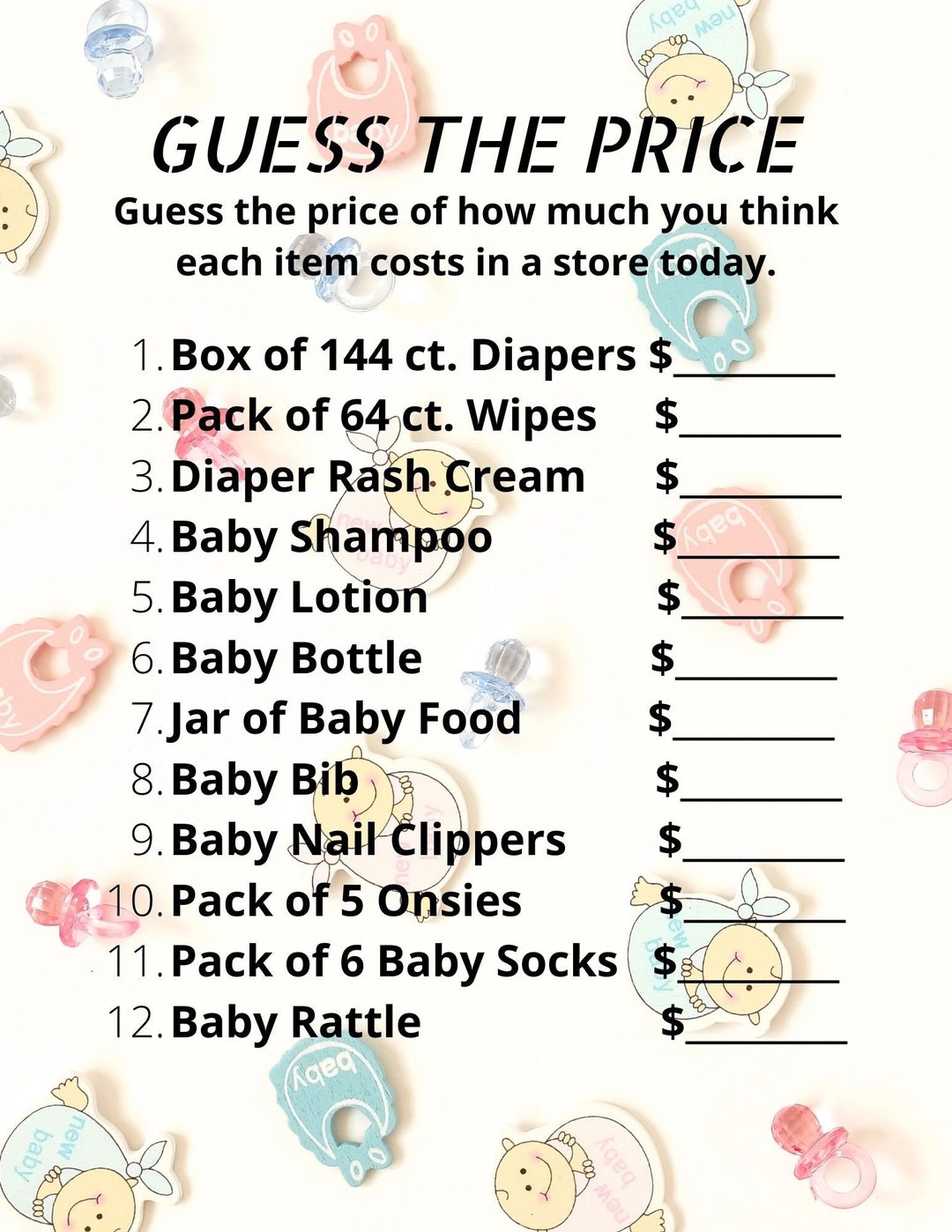 Baby Games Guess the Price Printable - Etsy