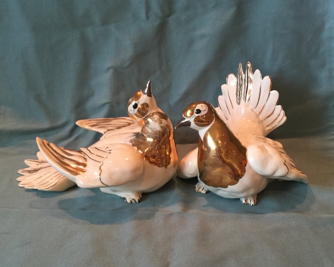 Signed Kay Finch Dove Figurines: Gold & Cream California Pottery Bird ...
