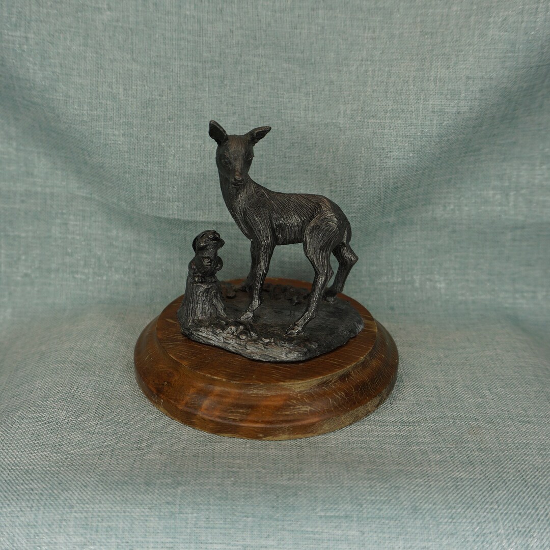 Vintage Pewter Fawn and Rabbit Figurine: Rocky Wood Base Decor - Etsy