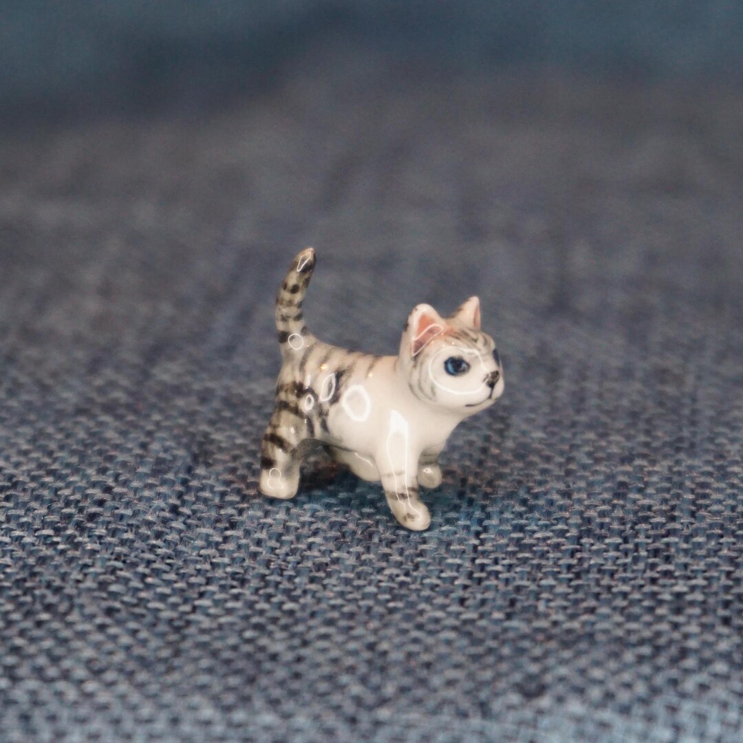 Miniature Gray Tabby Cat Figurine. Vintage Bone China Short Hair Micro ...