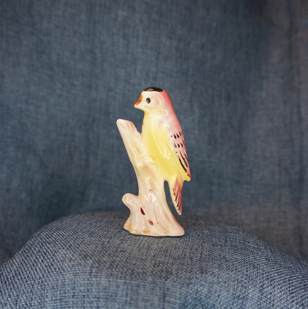Miniature Finch Bird Figurine. Small Ceramic Backyard Pink Yellow Bird ...