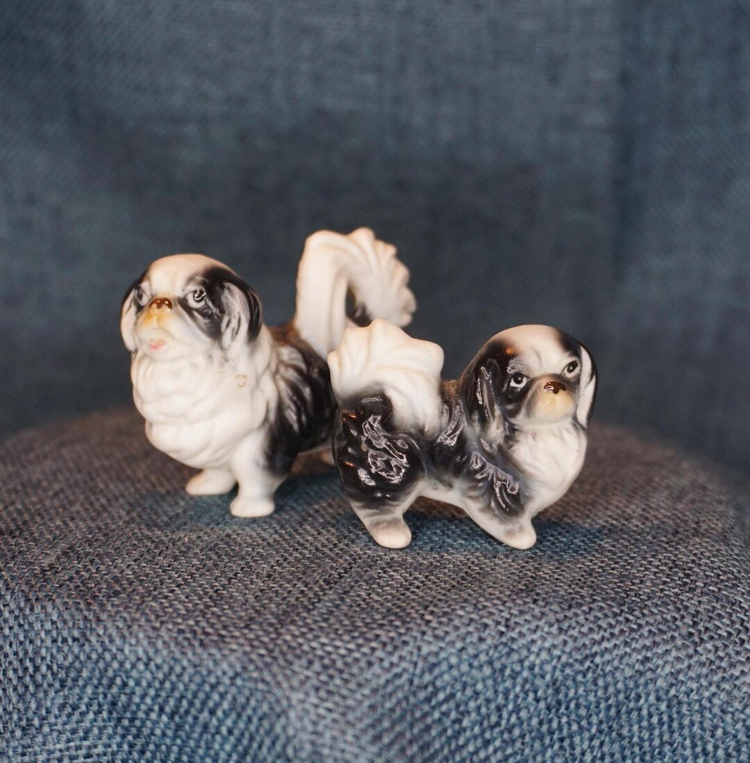 Miniature Pekingese Figurine Set. Vintage Bone China Black and White ...