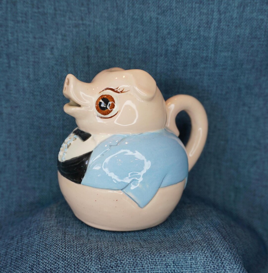 Ceramic Tuxedo Pig Pottery Pitcher. Dapper Tacky Blue Suit Pork Hog ...
