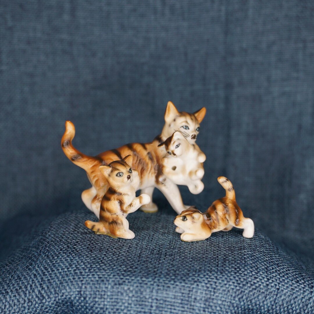 Miniature Tabby Cat Family Figurine Set. Vintage Bone China Short Hair ...