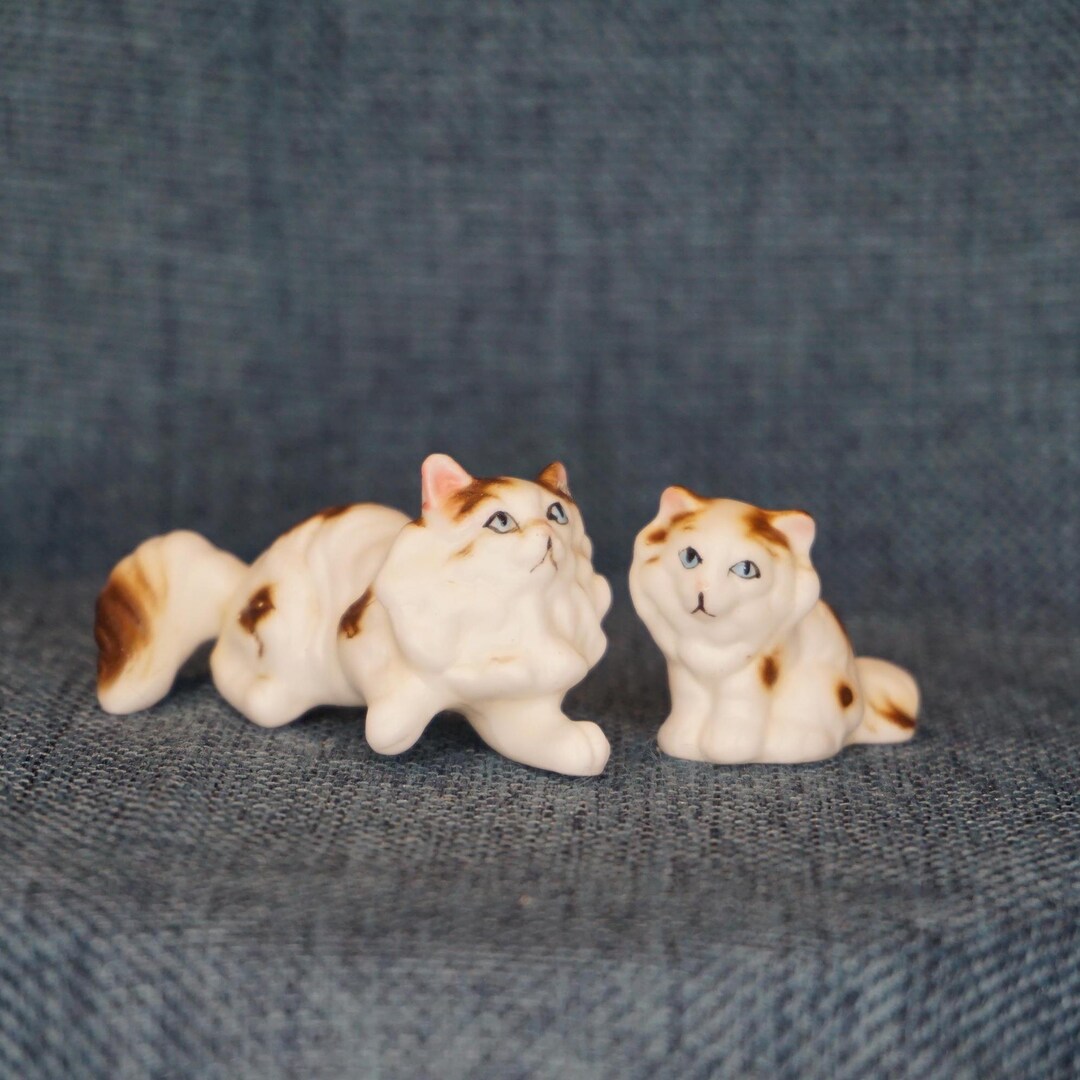 Porcelain Brown and White Cat Figurine Set. Tiny Vintage Bone China ...