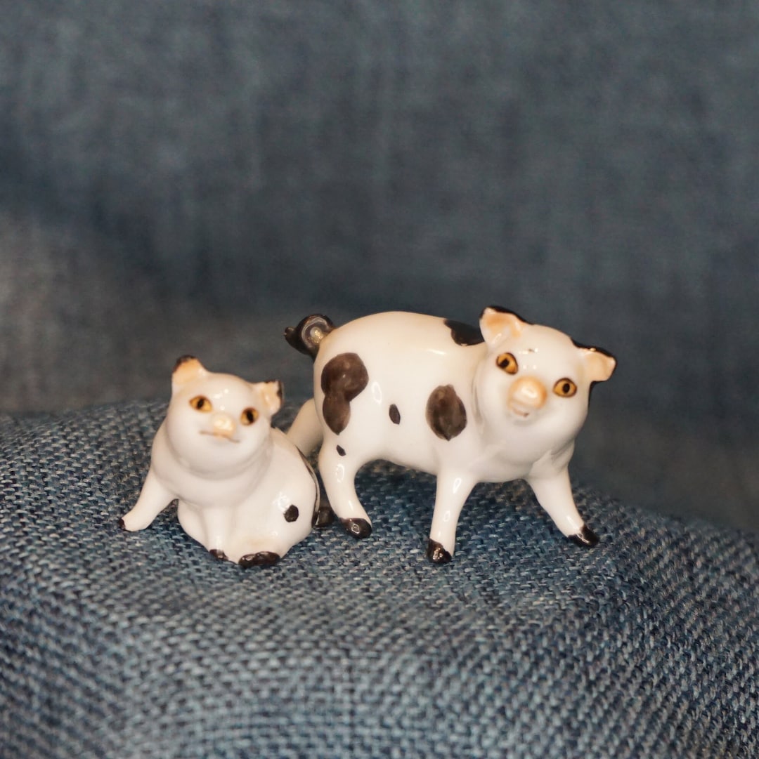 Miniature Porcelain Pig Figurines: Black and White Farm Animal Set - Etsy