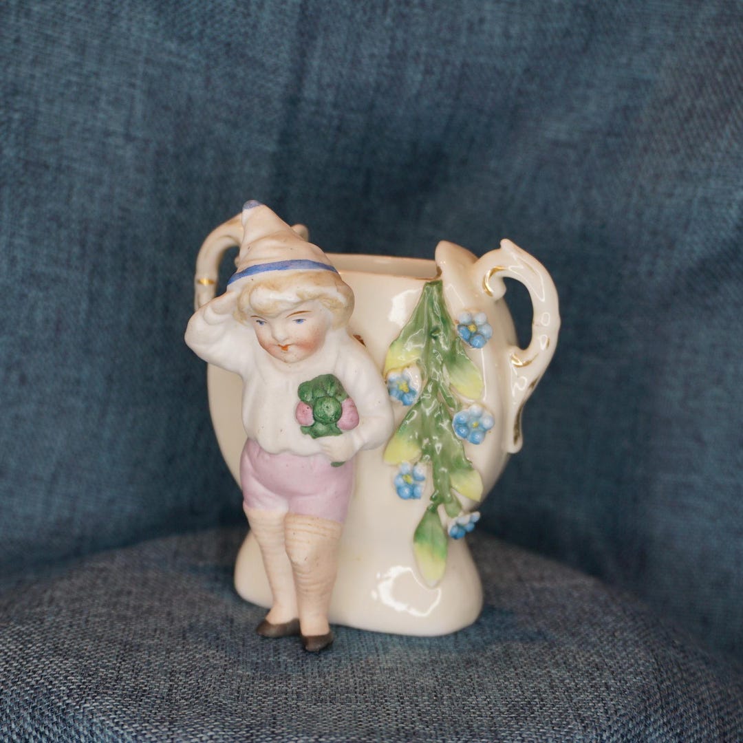 Porcelain Boy Bud Vase. Victorian Germany Elf Gnome Child With Blue ...