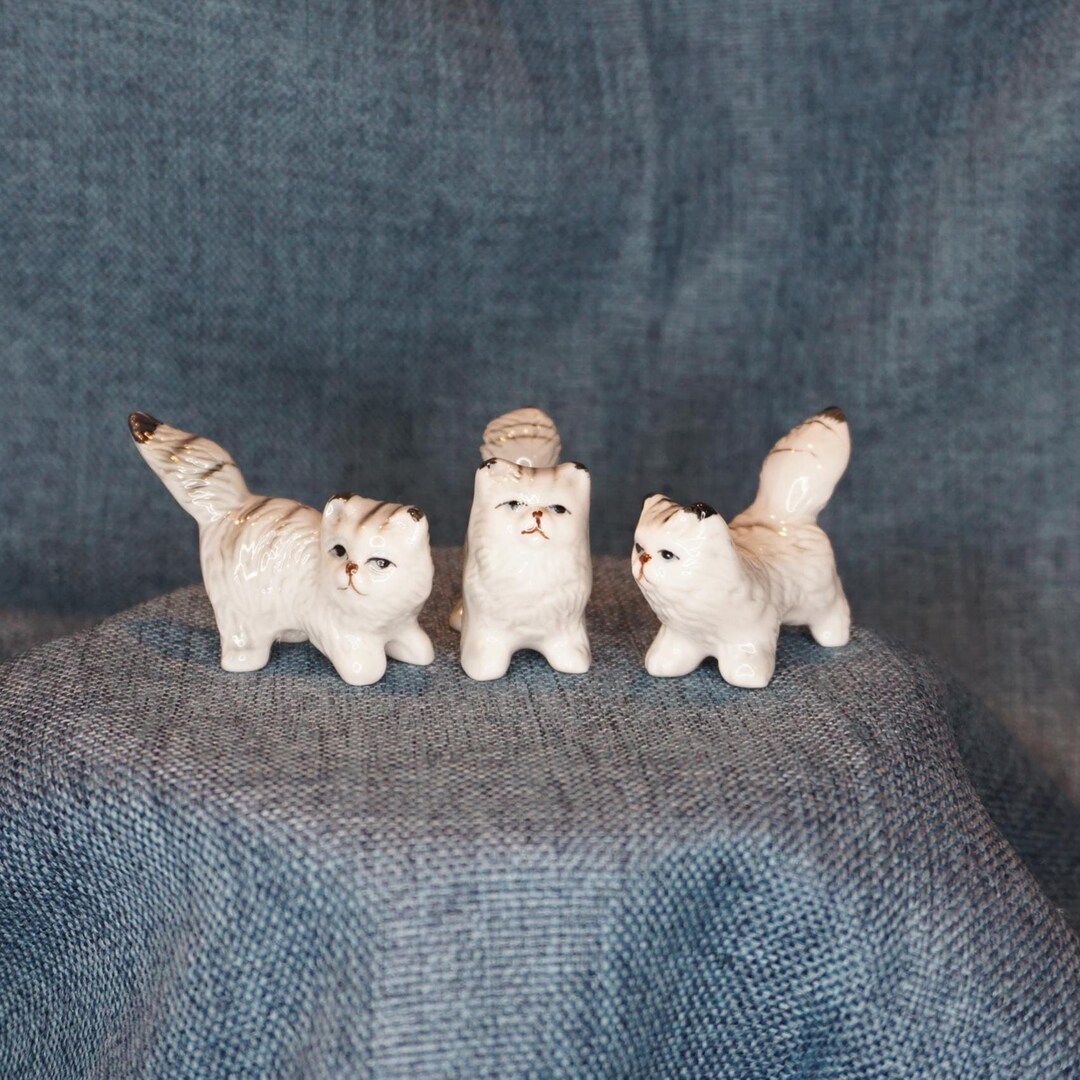 Vintage Miniature Porcelain Tabby Cat Figurine Set: Gray Tiger Decor - Etsy
