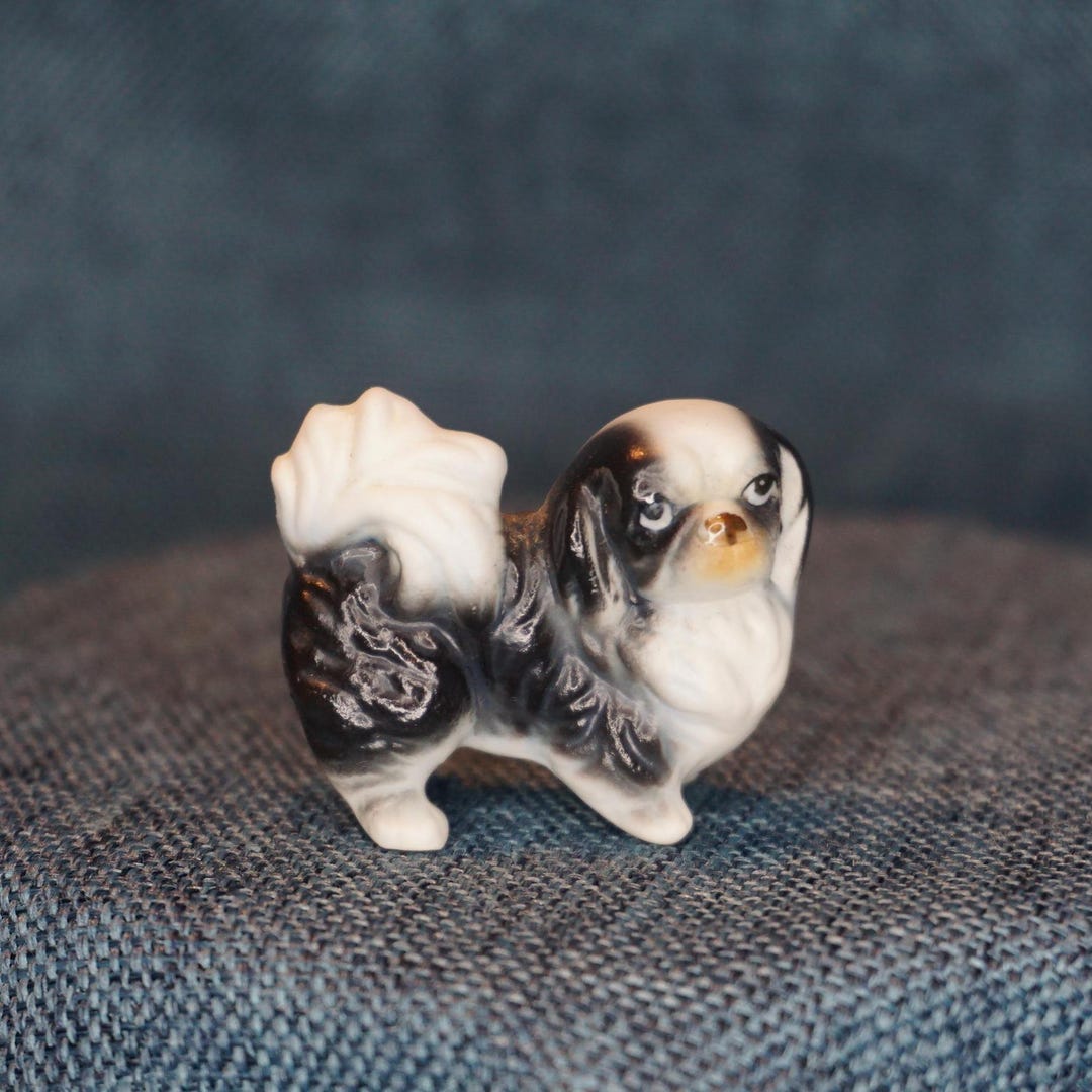 Miniature Pekingese Figurine. Vintage Bone China Black and White Fluffy ...