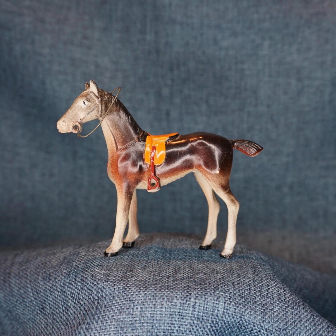 Vintage Metal Horse Figurine. Miniature Bay Soldier Mountie Dressage ...