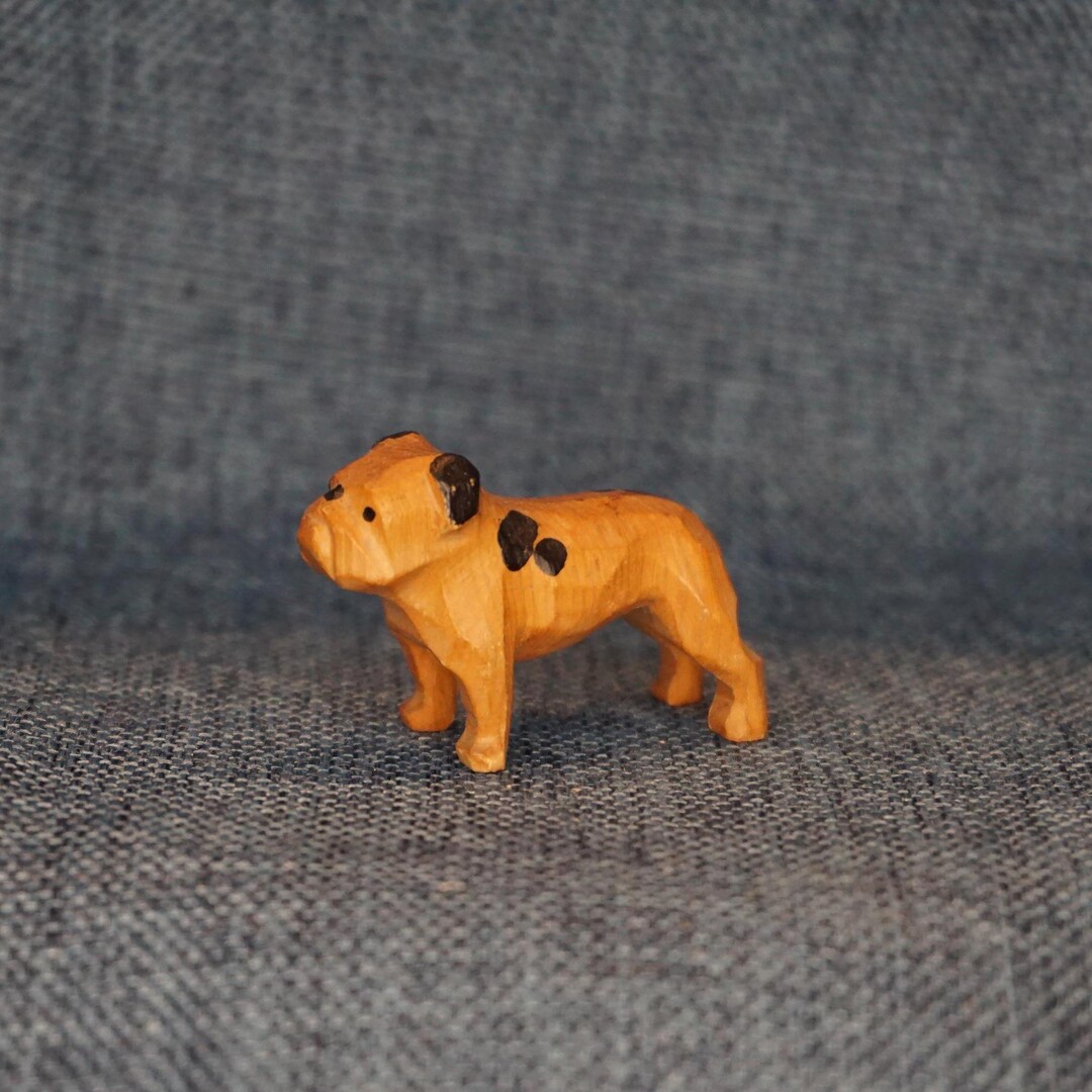 Vintage Wood Bulldog Figurine. Miniature Hand Carved Spotted Bully Dog ...