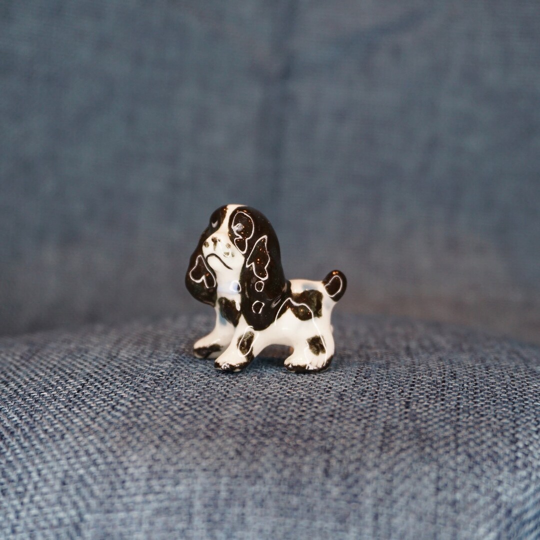 Miniature Ceramic Cocker Spaniel Figurine. Tiny Hand Painted Black and ...