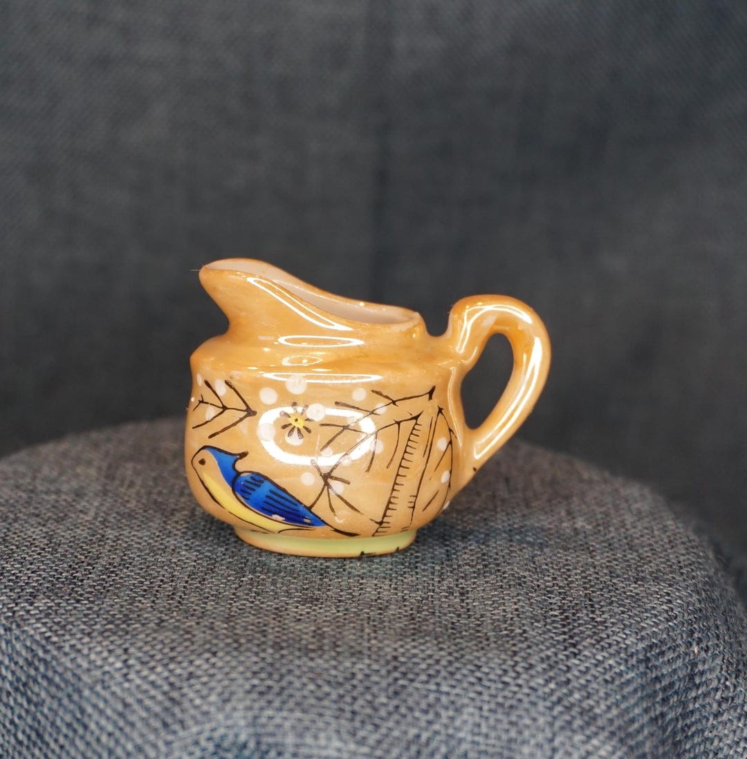 Miniature Porcelain Pitcher. Bone China Japan Peach Iridescent Blue Jay ...
