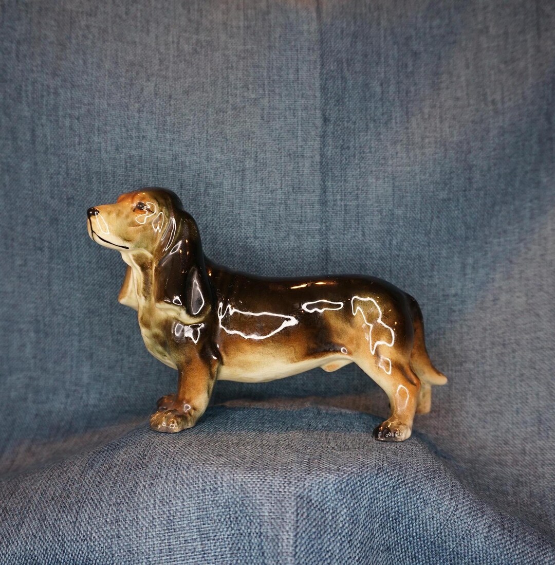 Vintage Basset Hound Figurine. Hand Painted Ceramic Black and Tan ...