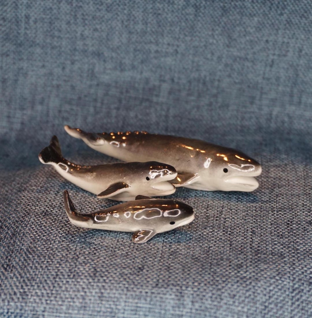 Miniature Whale Family Figurine Set. Vintage Bone China Porcelain Gray ...