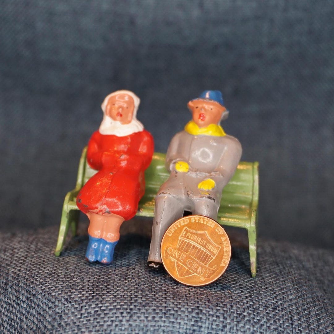 Miniature Man and Woman on Bench Figurine Set. Antique Barclay Couple ...