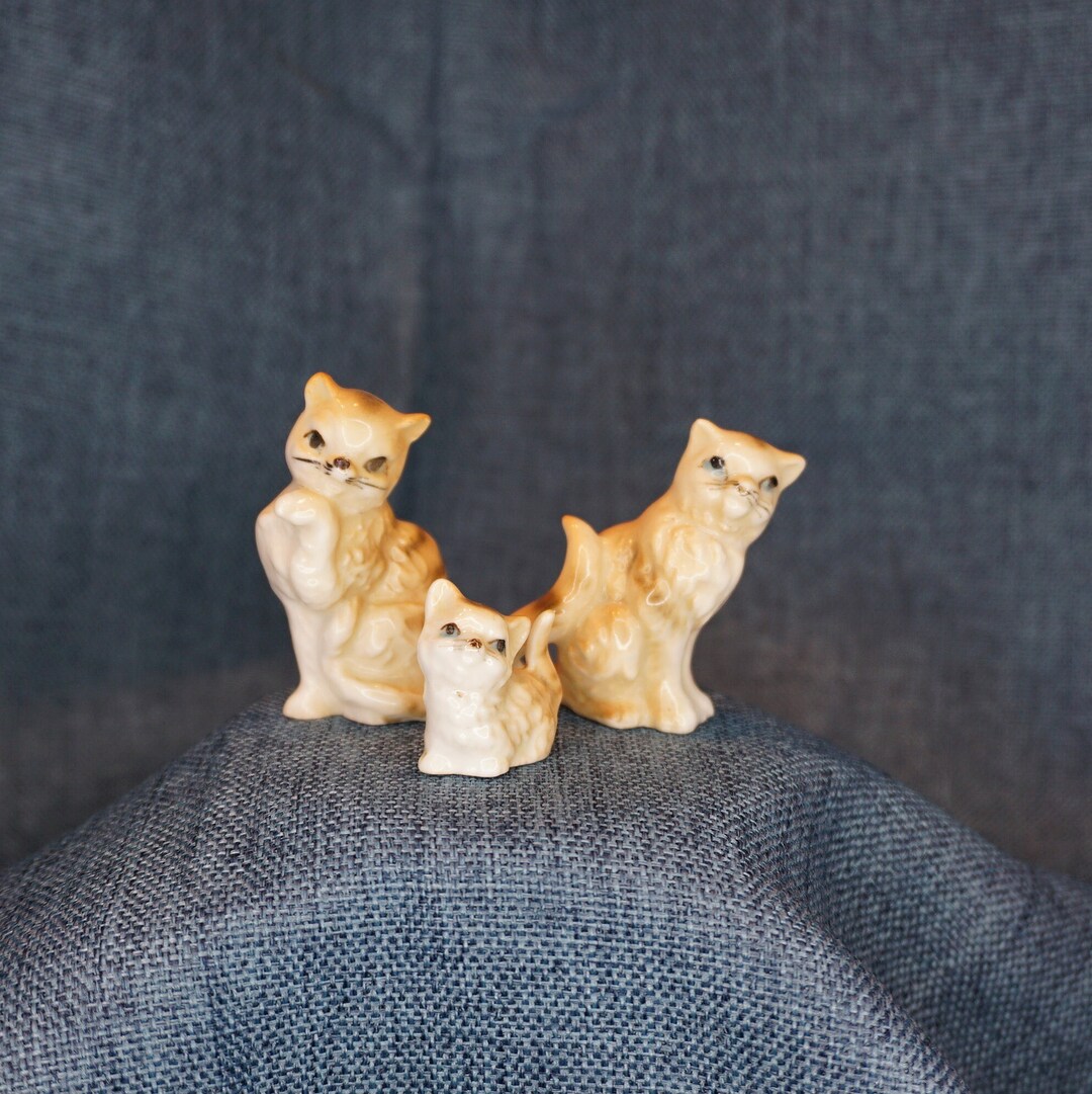 Miniature Tabby Fluffy Cat Figurine Set. Vintage Bone China Long Hair ...