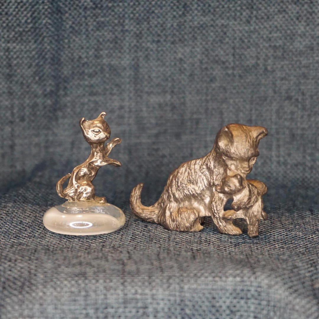Miniature Pewter Cat Figurine Set. Tiny Vintage Metal Mama Cat With ...
