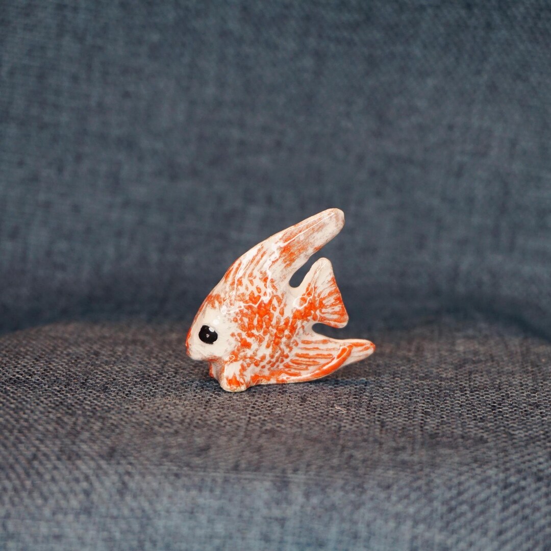 Miniature Angel Fish Figurine. Tiny Orange and White Ceramic Aquarium ...