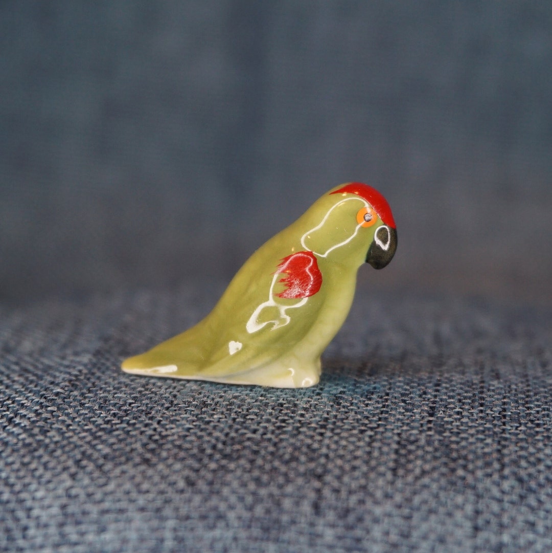 Bug House Green Parrot Figurine. Tiny Porcelain Green Red Amazon Parrot ...