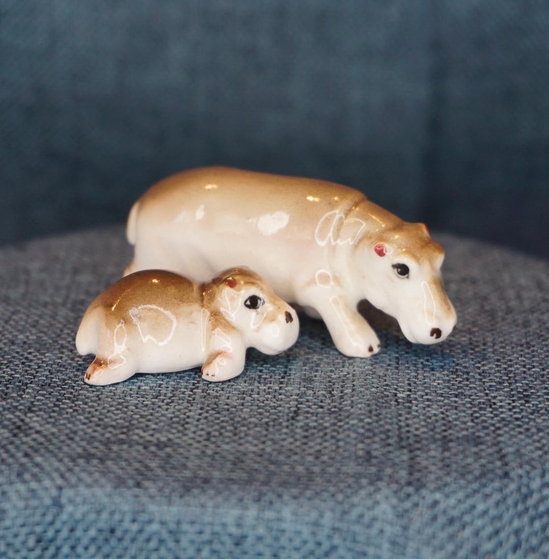 Miniature Hippopotamus Figurine Lot. Ceramic Wild Animal Mom and Baby ...