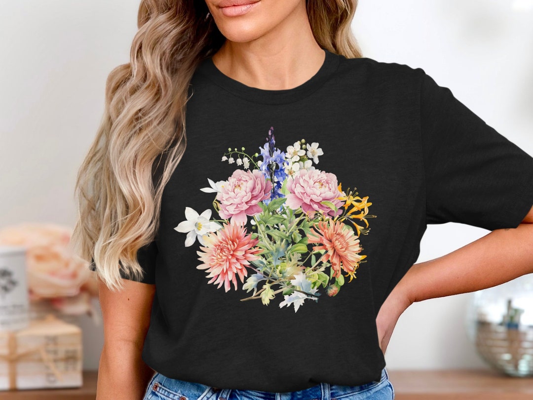 Floral Bouquet T-shirt, Botanical Print Tee, Flower Pattern Top, Garden ...