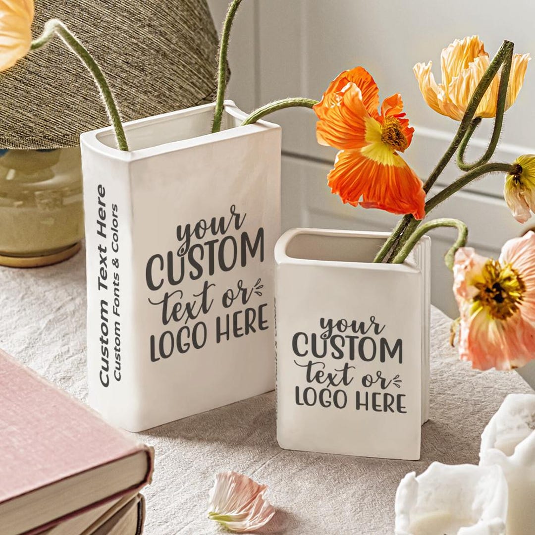 Personalized Ceramic Book Vase: Custom Text, Logo, or Photo Print - Etsy
