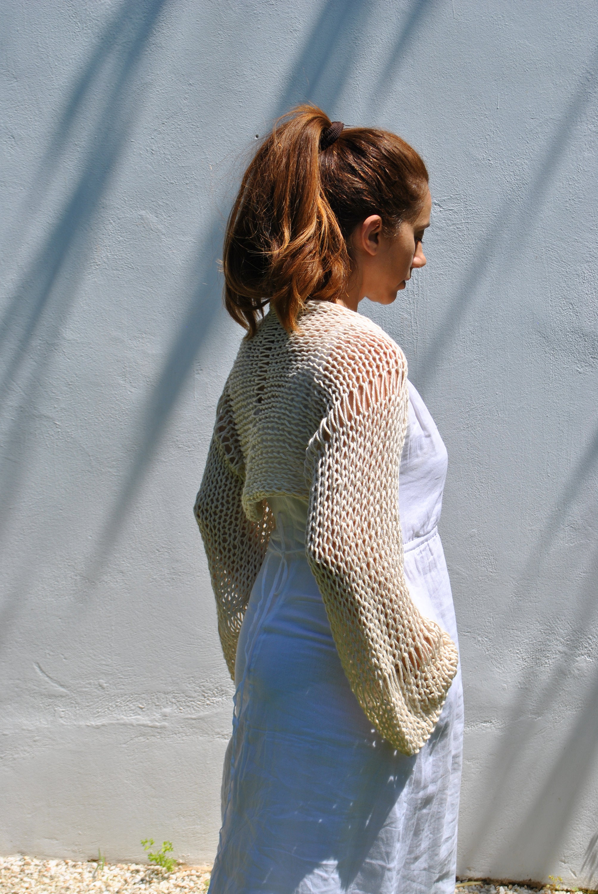 Blue Long Sleeve Cotton Shrug, Hand Knitted Shrug, Powder Blue Summer ...