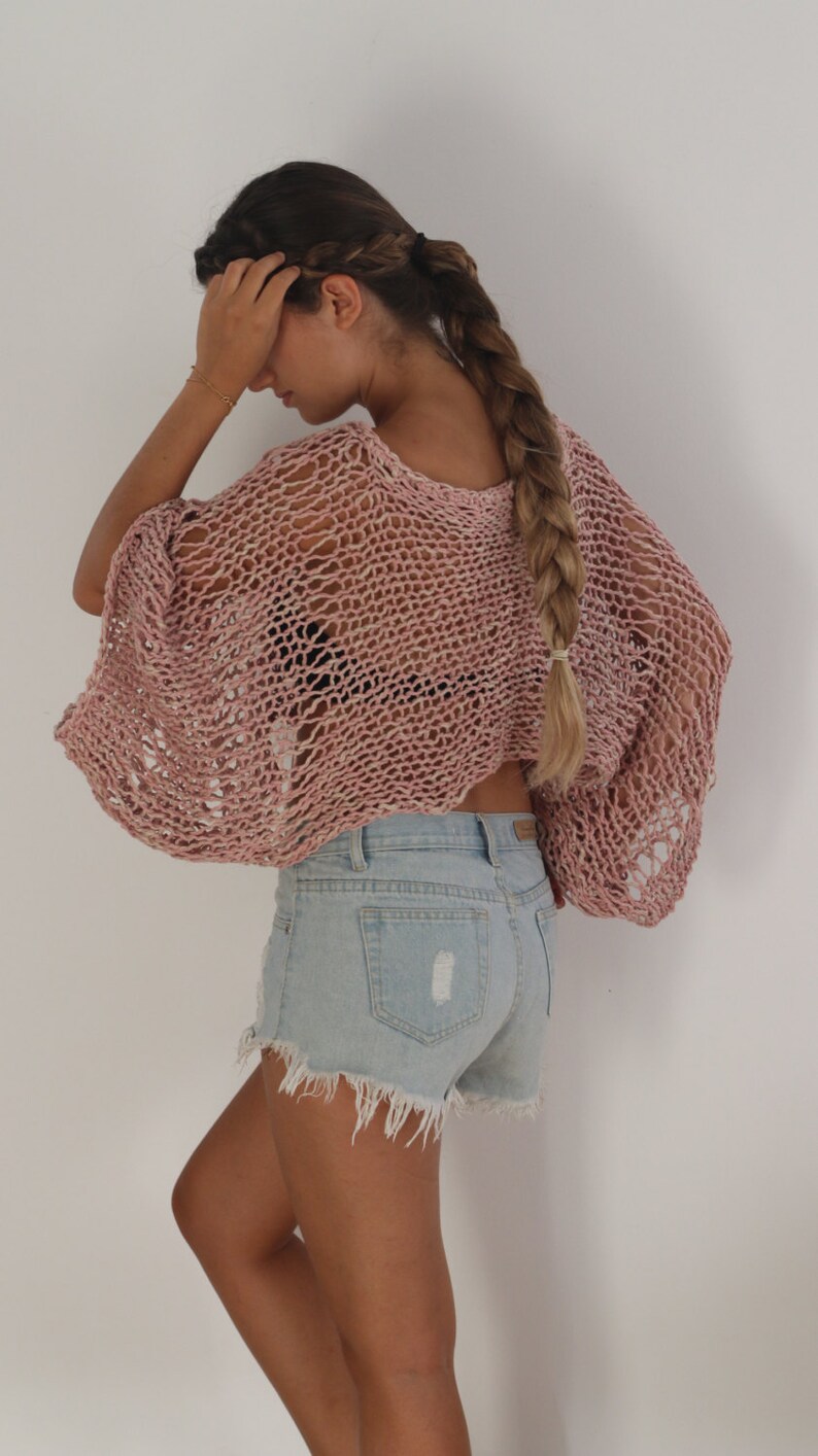 Blush pink open knit crop sweater boho open knit top Vegan | Etsy