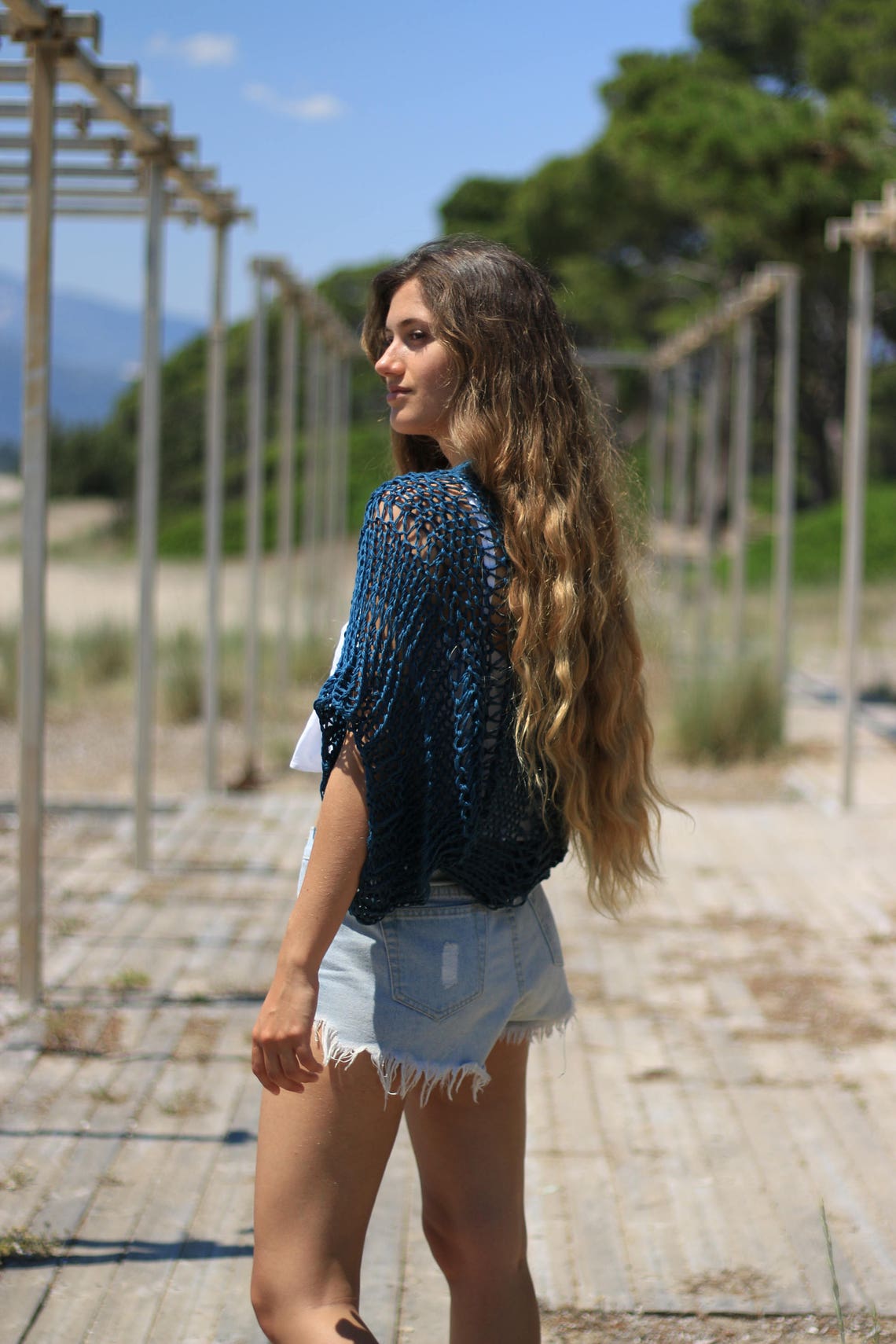 Teal Blue Shrug, Open Knit Shrug, Crop Cardigan, Cotton Bolero, Loose ...
