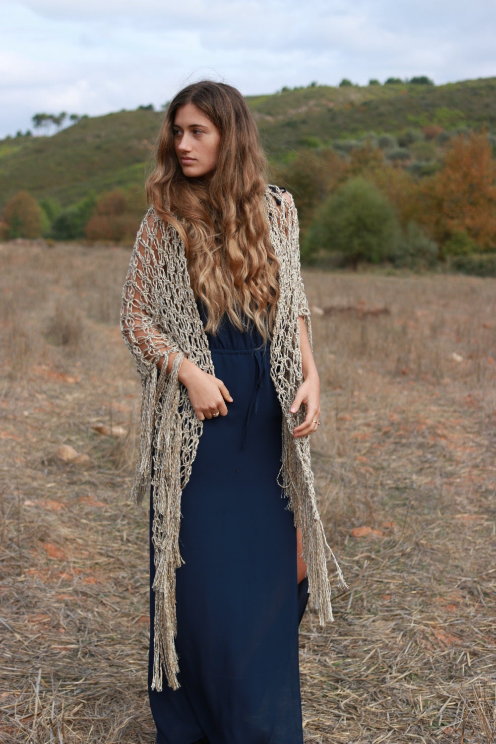 Crochet Shawl, Open Weave Golden Tan Shawl, Handmade Large Fringed ...