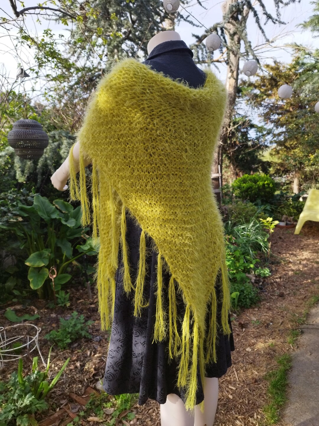 Chartreuse Green Shawl, Mohair and Faux Fur Blend, Hand Knit - Etsy