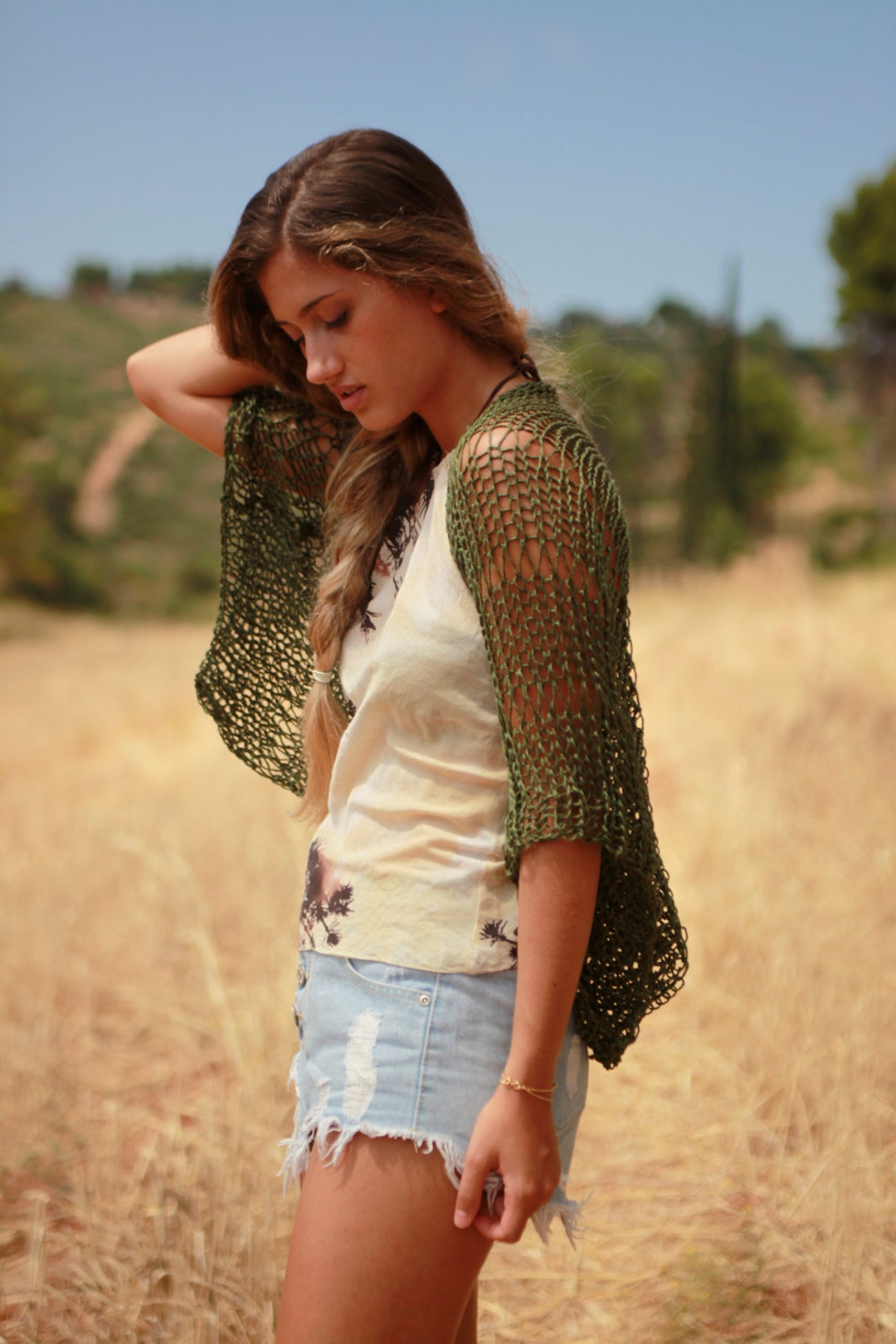 Green Shrug, Military Green Loose Weave Shrug, Dark Green Bolero ...