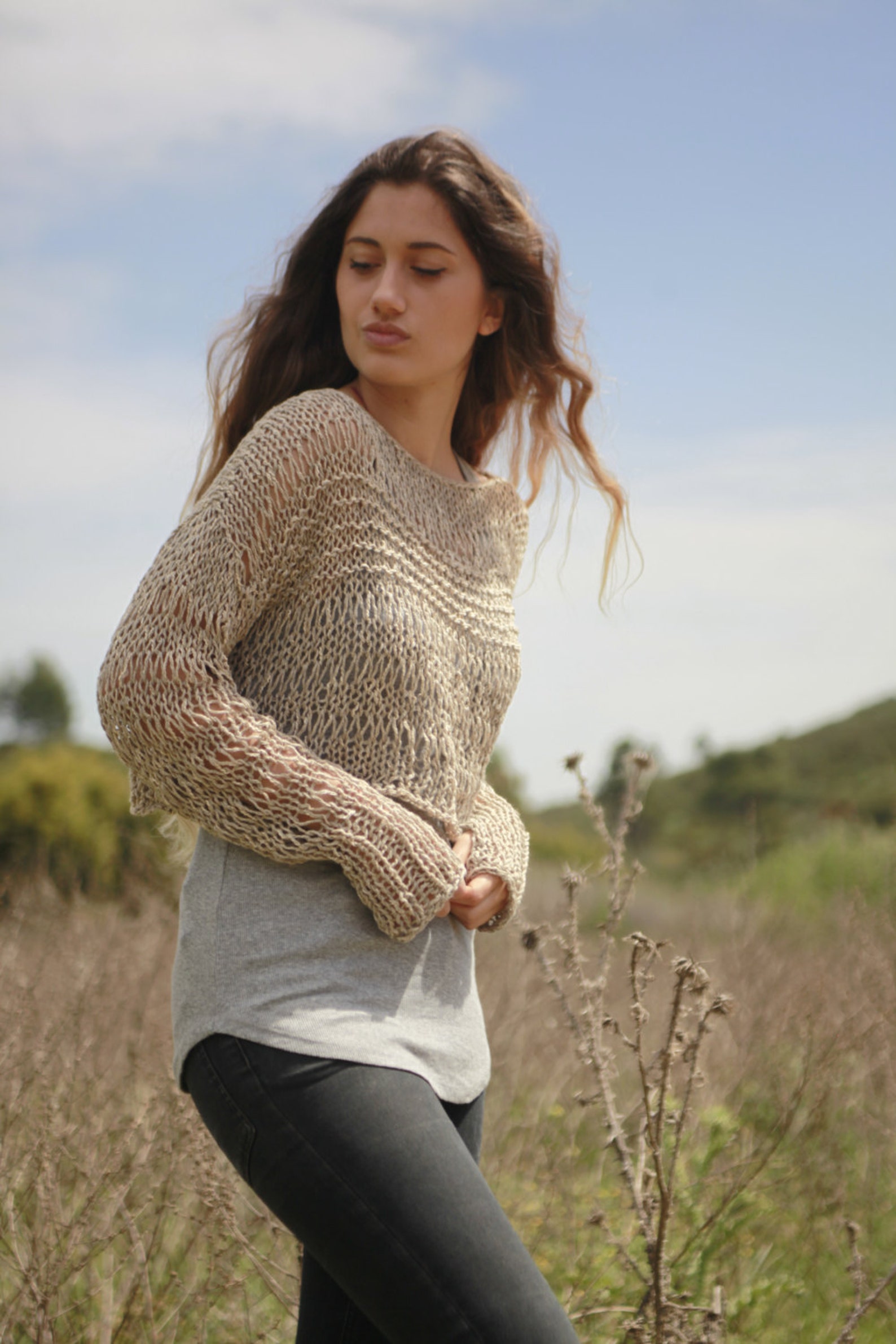 Light Brown Loose Knit Cropped Sweater, Brown Beige Cotton Linen Crop ...