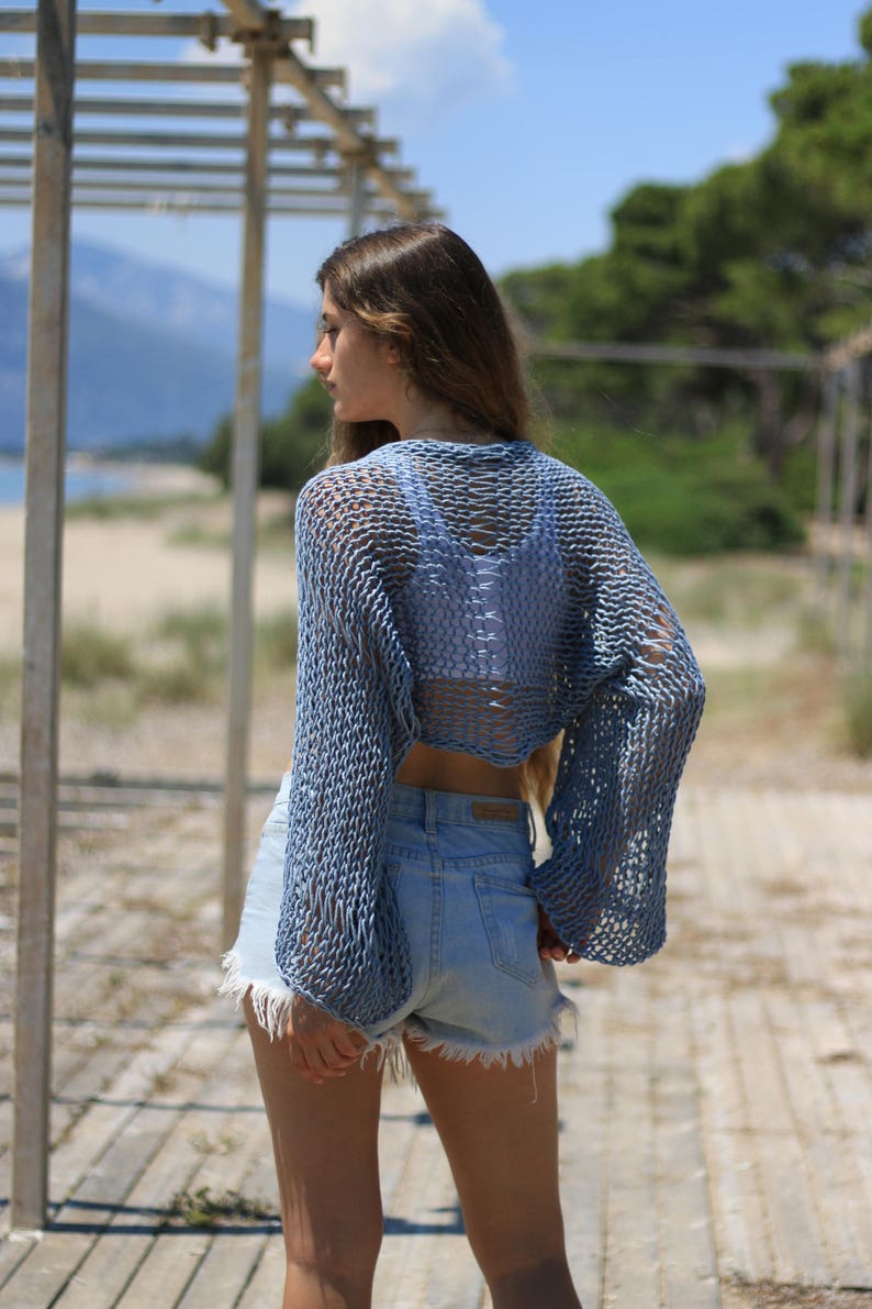 Blue Long Sleeve Cotton Shrug, Hand Knitted Shrug, Powder Blue Summer ...