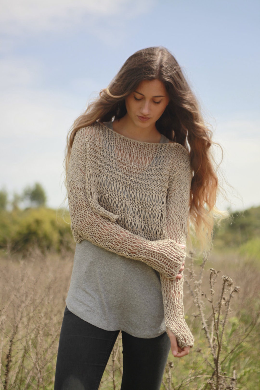 Light Brown Loose Knit Cropped Sweater, Brown Beige Cotton Linen Crop ...