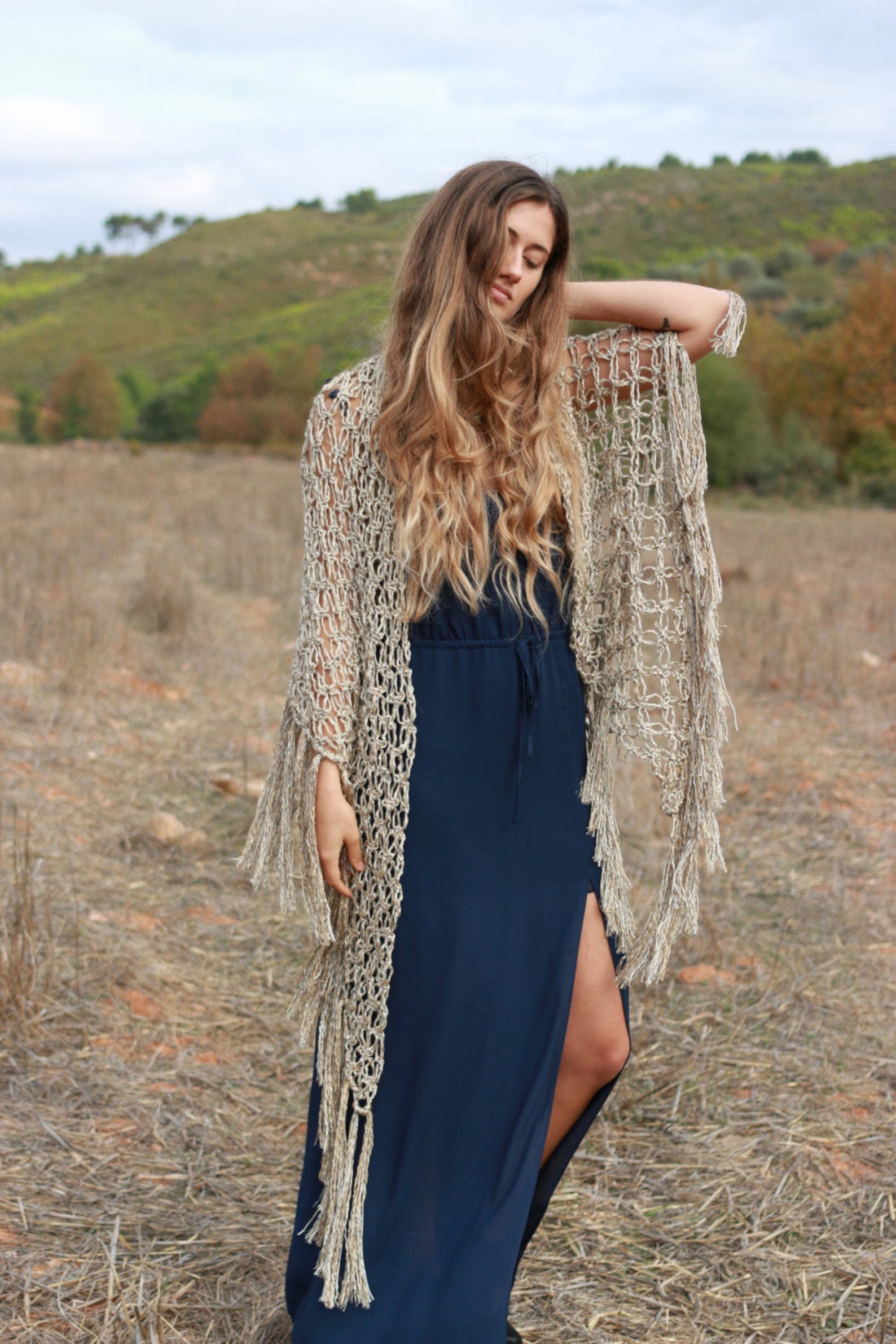 Crochet Shawl, Open Weave Golden Tan Shawl, Handmade Large Fringed ...