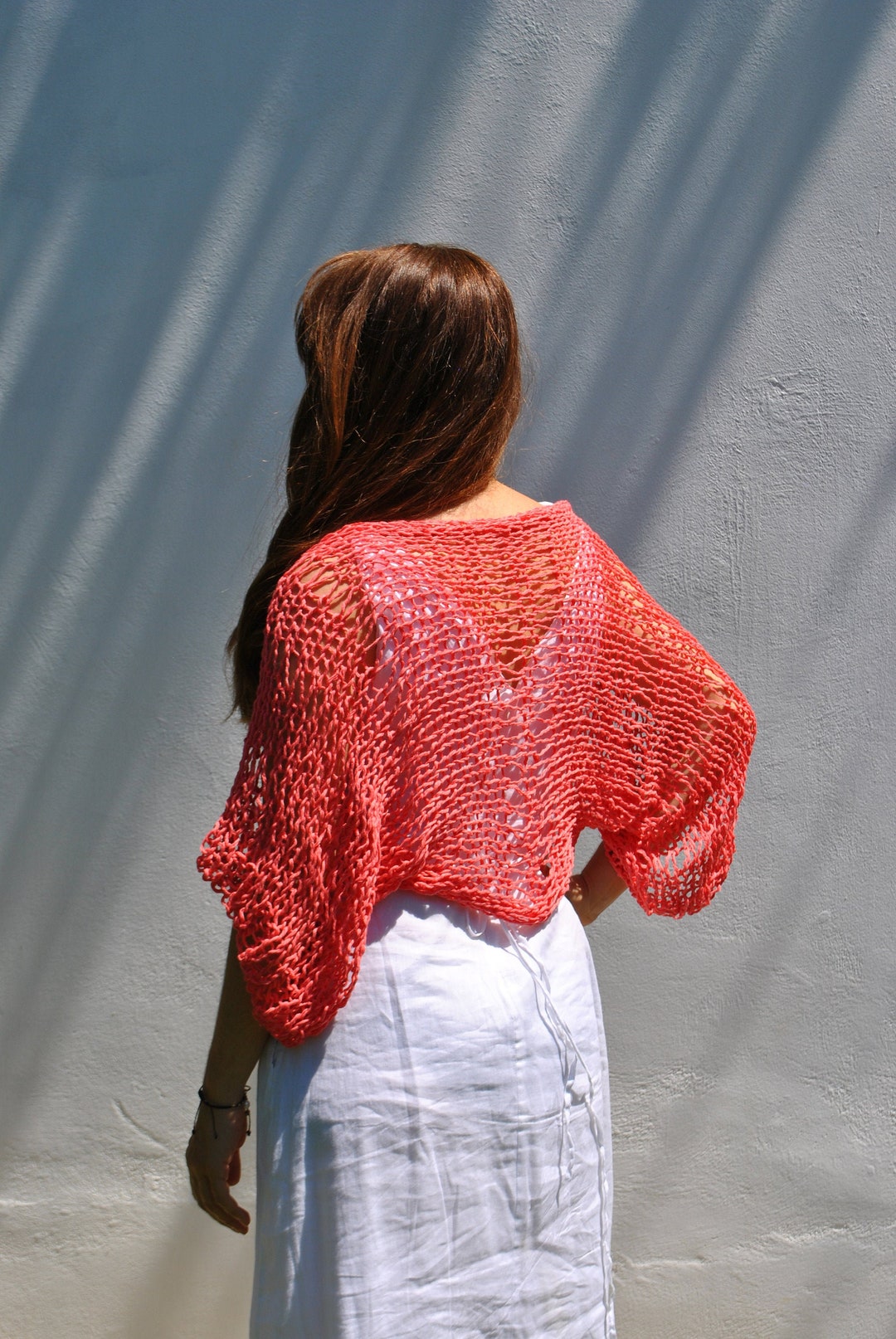 Coral Summer Shrug, Chunky Cotton, Shear Bolero, Hand Knitted Sleeves ...