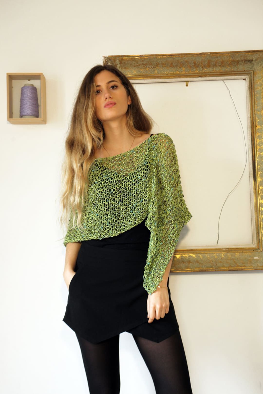 Green Poncho, Handknit Womens Viscose Poncho, Lime Green Shrug, Summer ...