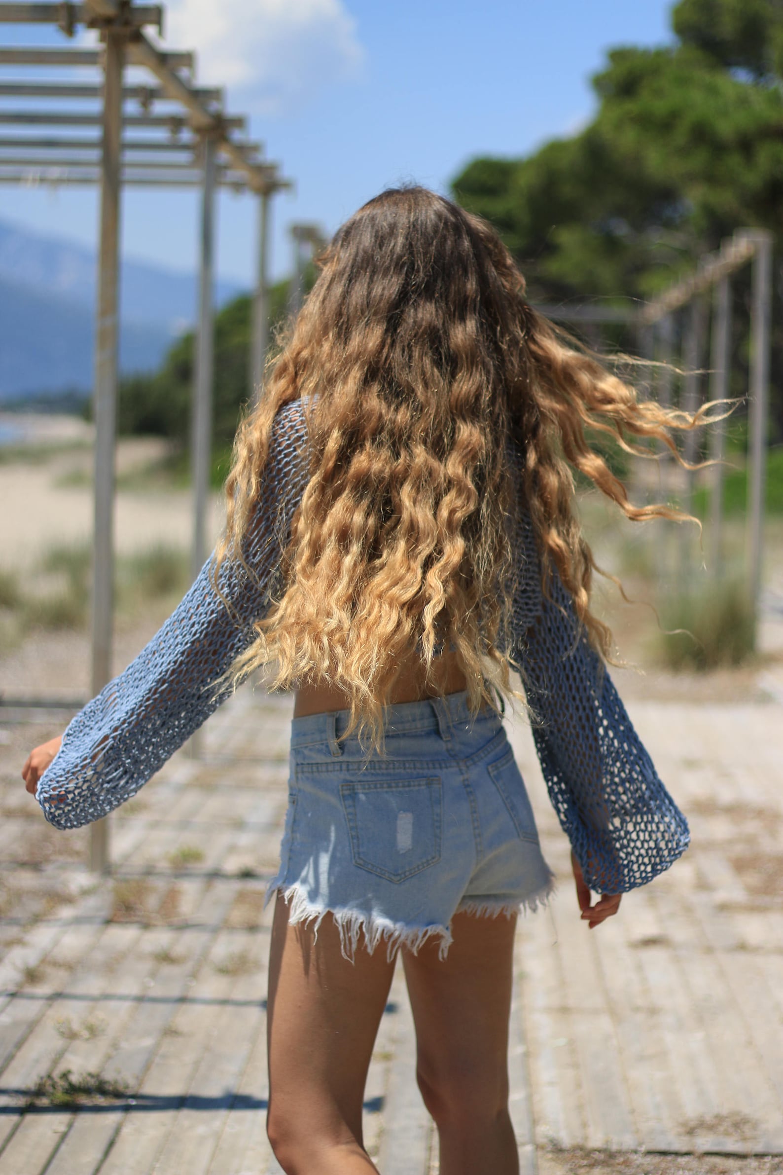 Blue Long Sleeve Cotton Shrug, Hand Knitted Shrug, Powder Blue Summer ...