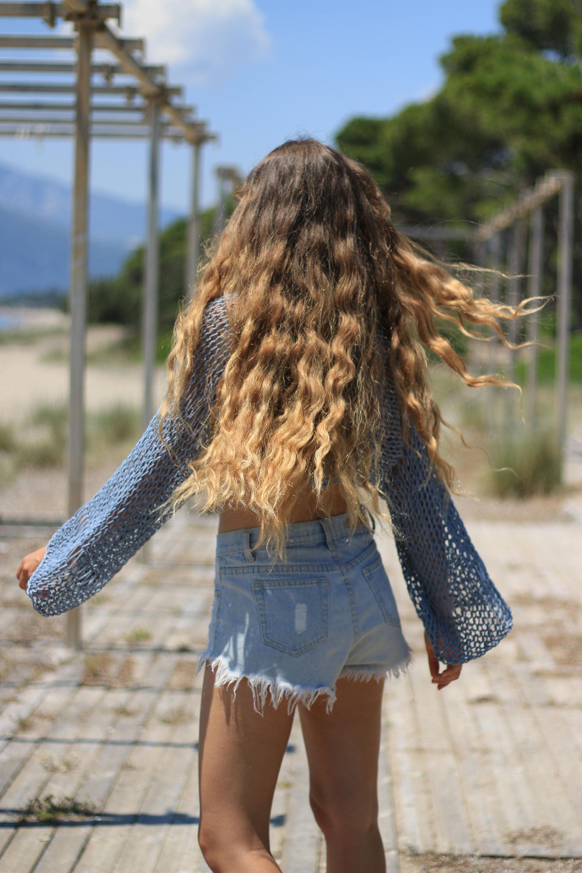 Blue Long Sleeve Cotton Shrug, Hand Knitted Shrug, Powder Blue Summer ...